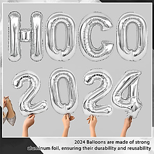 Realspring 8 Pcs Hoco Prom 2024 Balloons 32 Inch Silver 2024 Balloons Graduation Prom 2024 Banner Congrats Prom Decorations with 1 Balloon Ribbon 2 Pcs Balloon Blow Straw for Homecoming Party Supplies