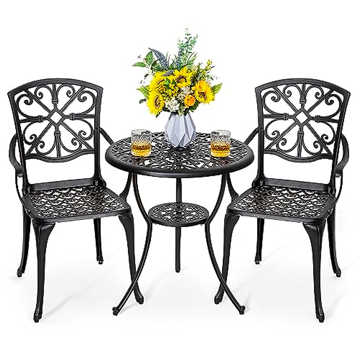 Nuu Garden 3 Piece Outdoor Bistro Table Set, All Weather Cast Aluminum Patio Bistro Sets Patio Table and Chairs Set of 2 with Umbrella Hole for Yard, Balcony, Black