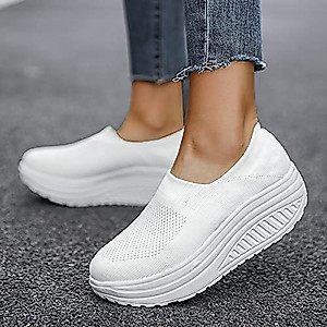 Platform Wedge Sneakers for Women Fashion Orthopedic Fashion Mesh Air Comfort Chunky Sole Hidden High Heels Slip On Loafers Breathable Walking Work Shoes with Arch Support (White, 9)