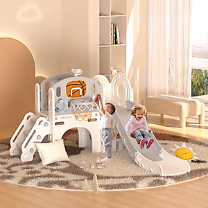 XJD 8 in 1 Toddler Slide Set, Kids Slide for Toddlers Age 1+, Toddler Climber Slide PlaySet with Basketball Hoop and Ball,Outdoor Indoor Playground for Toddlers 1-3 (Beige Grey, 8 in 1)