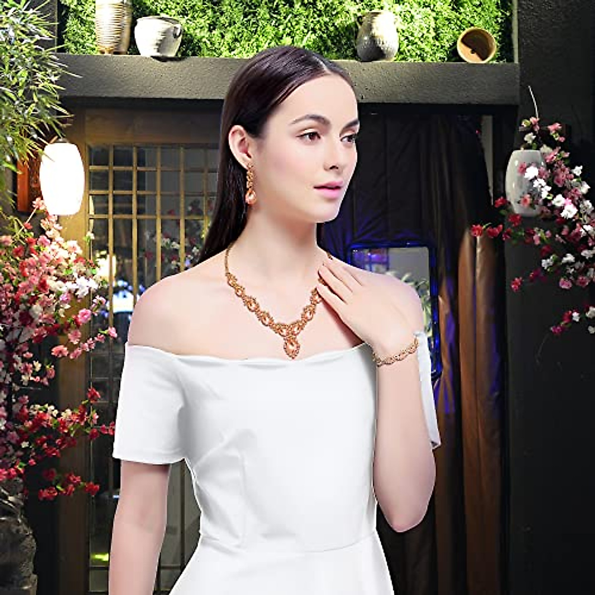 3 Pieces Wedding Bridal Rhinestone Crystal Jewelry Set Statement Necklace Bracelet Teardrop Dangle Earrings Set for Women Girls fit with Bridesmaid Wedding Party Prom Dress Jewelry Set