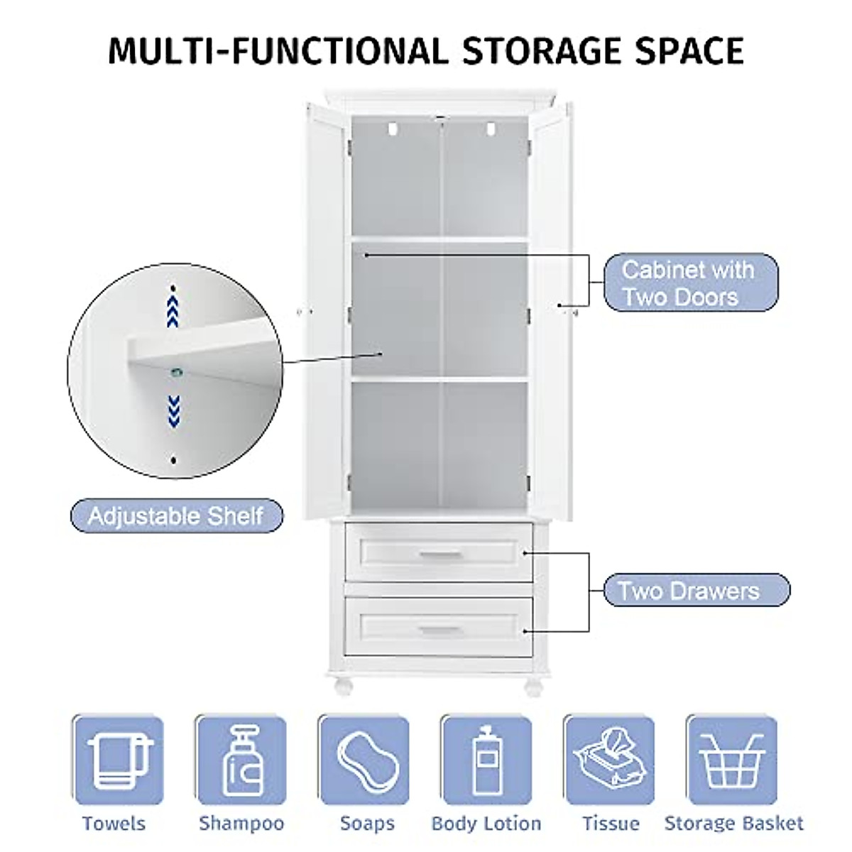 Tall Storage Cabinet with 2 Drawers and Double Door for Bathroom/Office, White Freestanding Kitchen Pantry Cabinet, Bathroom Cupboard w/Adjustable Shelf, Floor Cabinet Bookcase with Door (White-ty1)