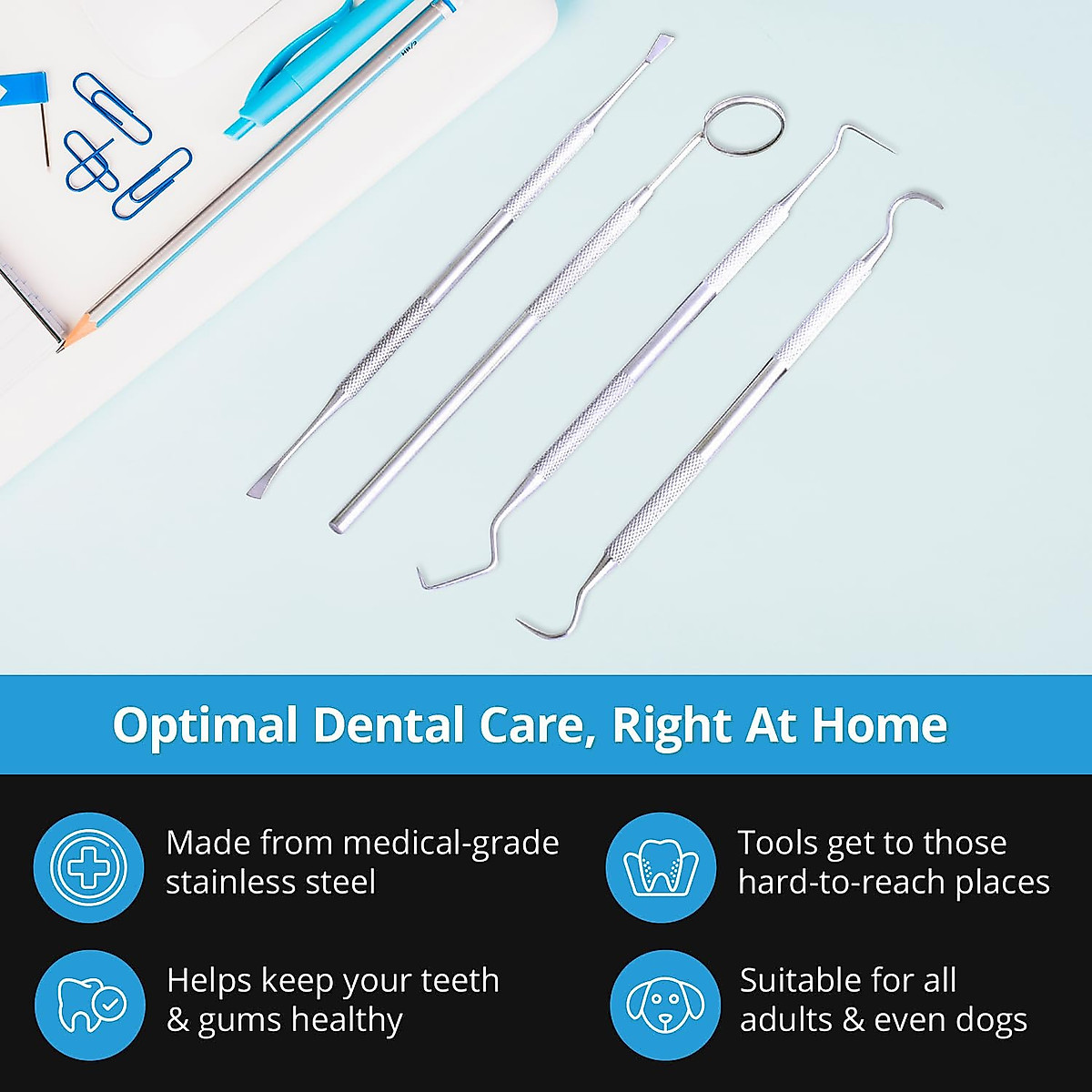 Dental Cleaning Tools Set For At Home Use - Oral Care Dental Hygiene Kit Includes Teeth Scraper For Plaque, Mirror, Scaler, Pick - These Teeth Cleaning Tools Are Made From Stainless Steel