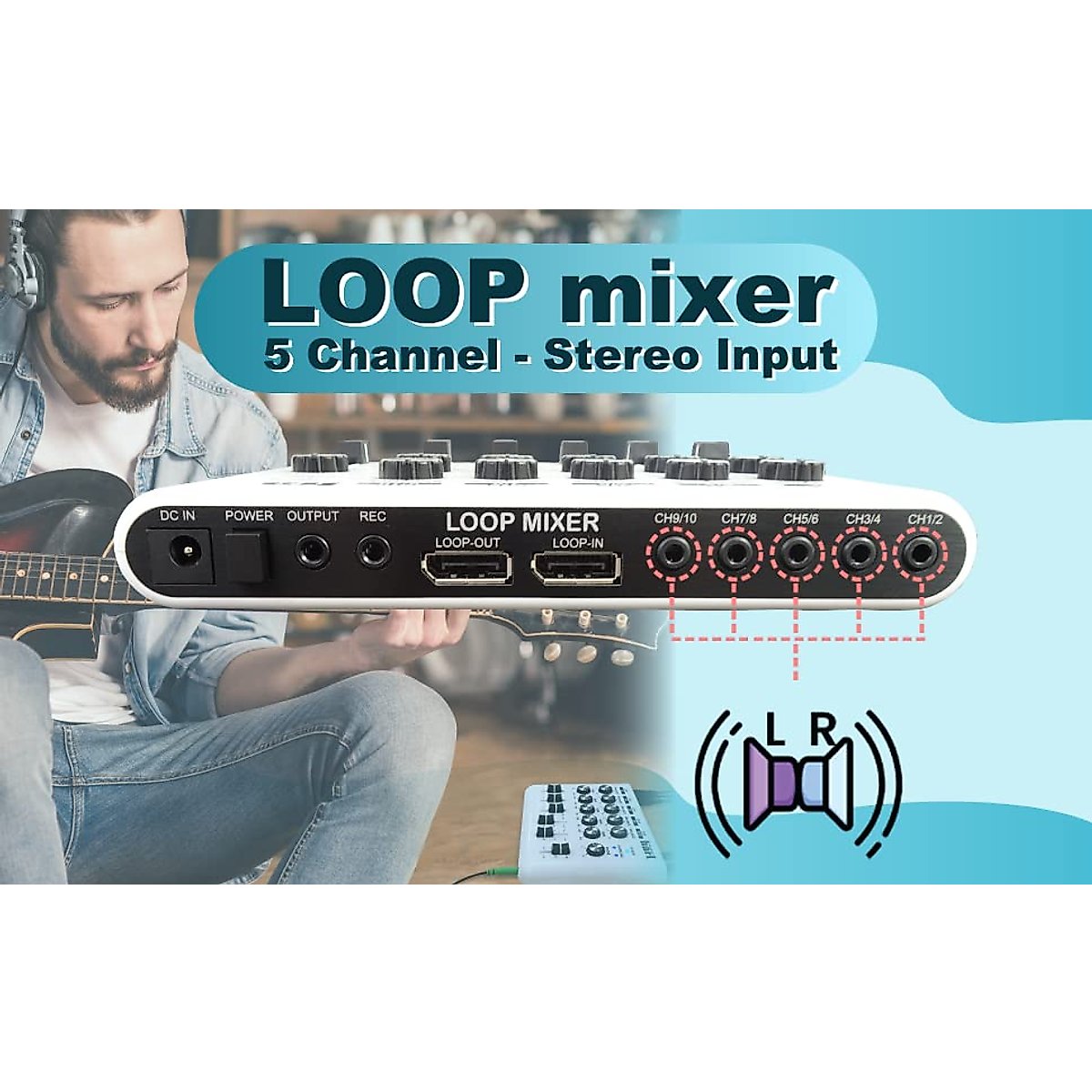 Maker Hart LOOP MIXER - Portable Audio Mixer with 5 Channel stereo inputs, 3 Outputs via 3.5mm jack. Including a Mono to Stereo DM2S Adapter.