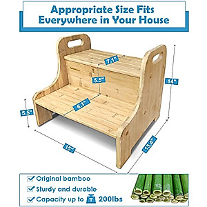 Garbuildman 2 Step Stool for Kids, Bamboo Toddler Stepping Stool with Handles for Children, Detachable Small Bathroom Toilet Potty Training & Kitchen Kid’s Learning Step Stool