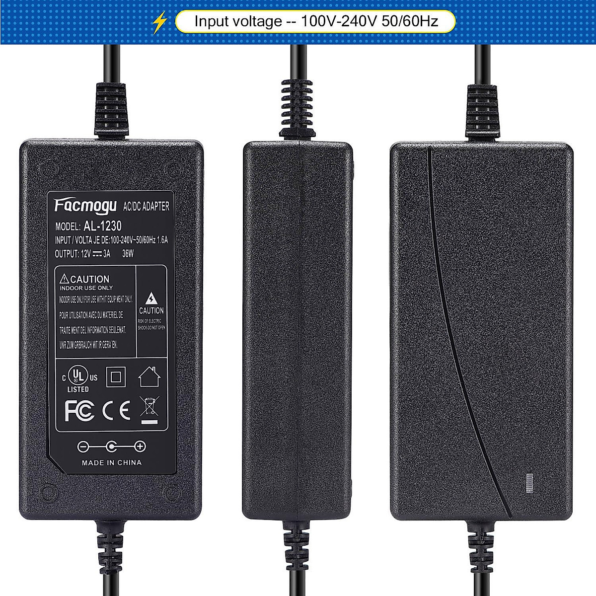 Facmogu DC 12V 3A Power Adapter, 100-240V AC to DC 12V 3A 36W Power Suppy with Barrel Connector 5.5x2.5mm & 5.5x2.1mm, 12 Volt 3 Amp Desktop Adpater 12V 3A Switching Transformer AC/DC Power Converter