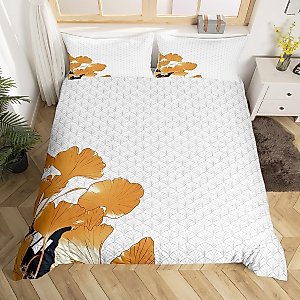 Ginkgo Leaf Bedding Set for Girls Boys Golden Leaf Pattern Comforter Cover Tropical Leaves Duvet Cover Room Decor Ginkgo Leaves Bedspread Cover Full Size Bedding Collection 3Pcs (No Comforter)