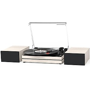 Record Player for Vinyl with External Speakers, Belt-Drive Turntable with Dual Stereo Speakers Vintage Vinyl LP Player Support 3 Speed Wireless AUX Headphone Input Auto Stop for Music Lover White