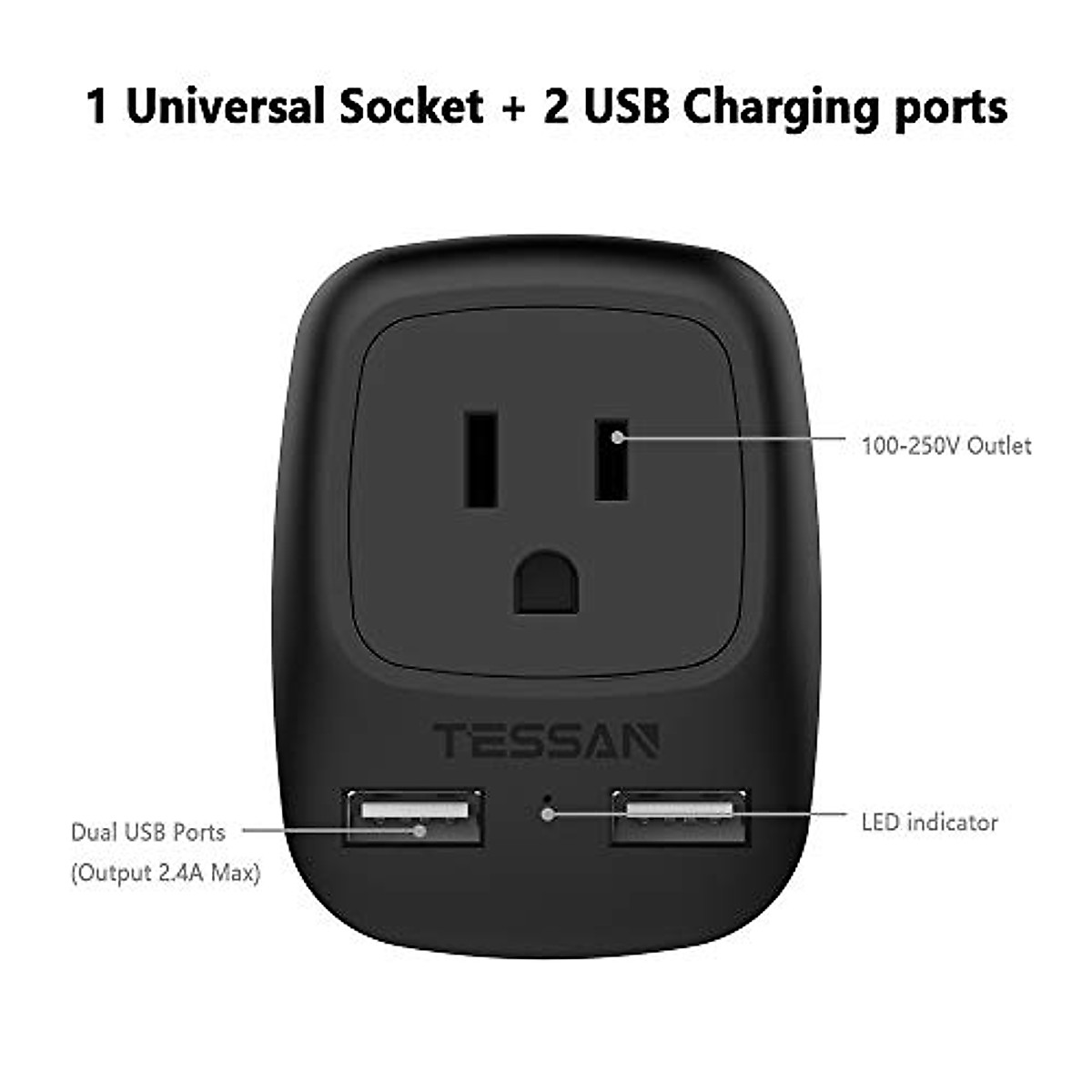 European Travel Plug Adapter 2 Pack, TESSAN International Power Outlet Adaptor with 2 USB, Type C Charger from USA to Most of Europe EU Spain Iceland Germany France Italy Israel, Black