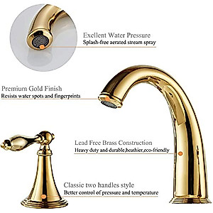 Beelee Gold Solid Brass Widespread Bathroom Faucet 3 Hole Two Handle Deck Mounted Faucet High Arc Lavatory Sink Taps with Ceramic Valve and 2 Hoses
