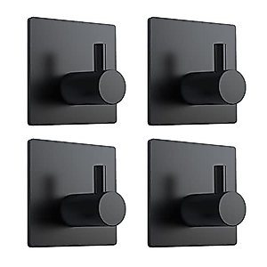VIS'V Adhesive Hooks, Black Self Adhesive Towel Hooks Waterproof Shower Wall Stick on Hooks Heavy Duty Stainless Steel Bathroom Kitchen Sticky Hooks for Towel Robe Loofah Key Coat Bag - 4 Pcs