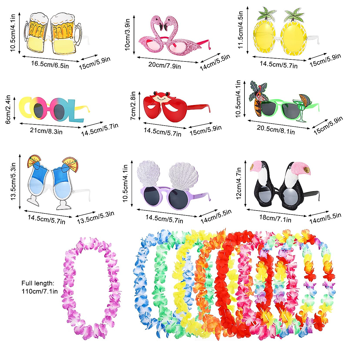 SLHOWOW 18pcs Hawaiian Party Decorations, 9 Pairs Funny Hawaiian Glasses and 9pcs Hawaiian Leis Bulk, Fun Summer Party Favors for Beach Wedding Birthday Party Decoration Supplies