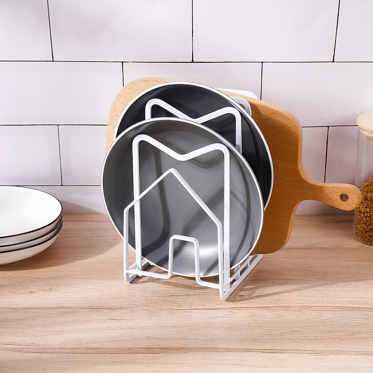 NiHome Cutting Board Holder Multipurpose Metal Pot Lid Organizer Ladle Rest Rustproof Kitchen Dish Plate Cutting Board Drying Rack Pan Stand Cabinet Countertop Shelf Cook Bake Dinnerware Storage Attom
