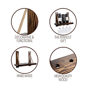 Charmont Wooden Rustic Wine Rack - Floating Wall Mounted Rope Hanging Wine & Glass Shelf, Perfect Home Bar Kitchen Storage Or Nautical Décor Wedding Gift (Burnt Dark Walnut Finish 3 Bottles & 5 Cups)