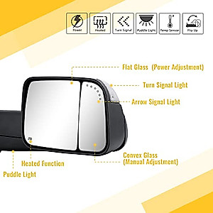 Sanooer Towing Mirrors Compatible with 2009-2018 Dodge Ram 1500, 2010-2018 Dodge Ram 2500 3500 with Power Glass Heated Turn Signal Light Puddle Lamp Temp Sensor Filpup Pair Set