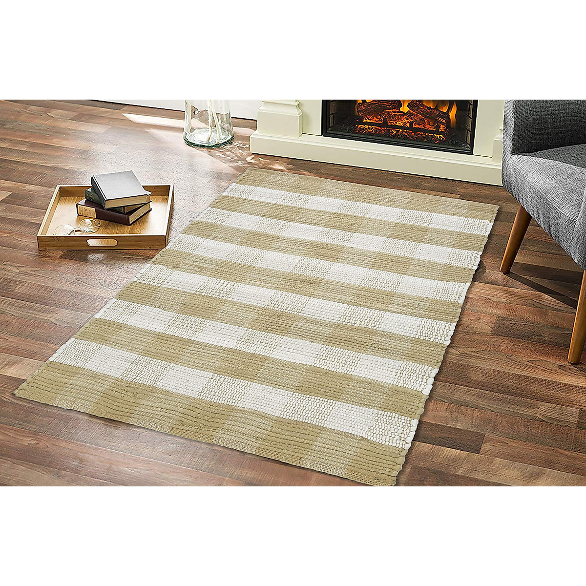 GLAMBURG Cotton Buffalo Check Plaid Rugs Washable, Handwoven Checkered Rug Welcome Door Mat 18x30 Rug for Kitchen Bathroom Outdoor Porch Laundry Living Room, Farmhouse Reversible Rag Rug Beige Natural