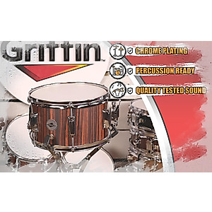 GRIFFIN Firecracker Snare Drum | Acoustic Popcorn 10" x 6" Poplar Mini Wood Shell & Black Hickory PVC | Concert Marching Percussion Musical Instrument with Deluxe Snare Throw Off, Drummers Key & Head