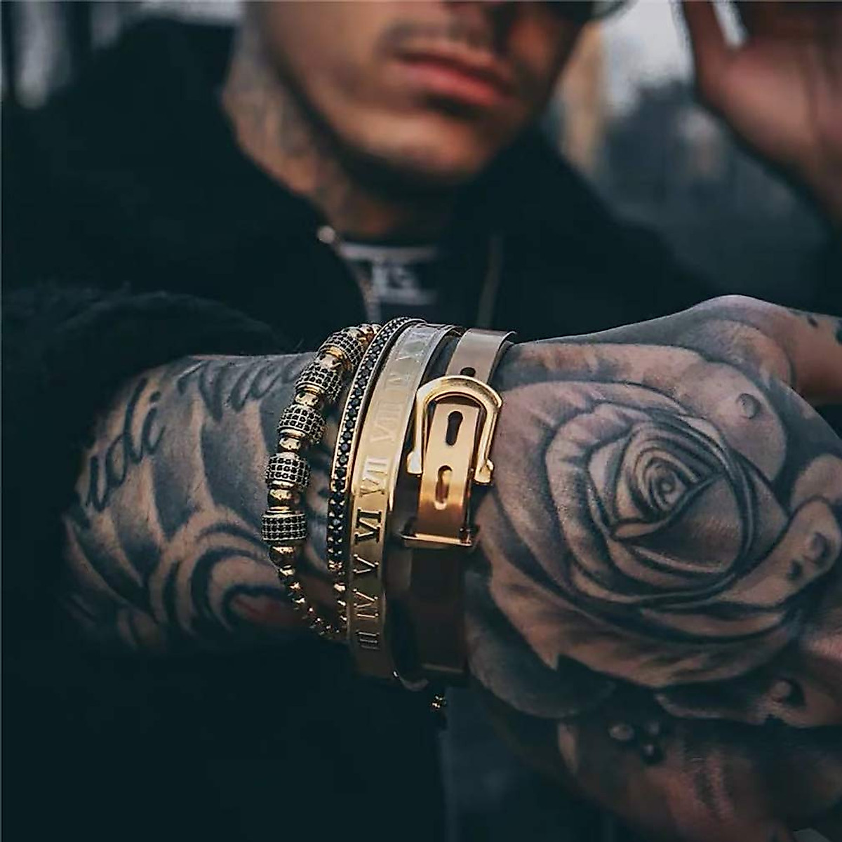 Jarlinwel Gold Silver Plated Bracelets for Men Women Roman Numeral Bangle Bracelet Stainless Steel Personalized Engraved Unisex Gift (2 Pcs Mens Gold Bangle)