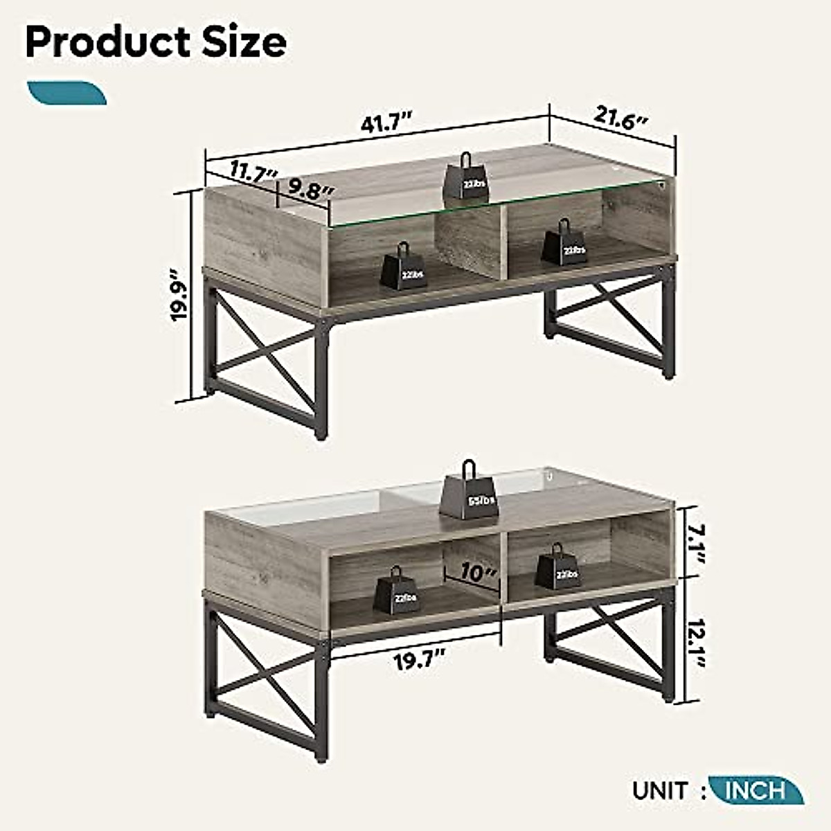 Bestier LED Coffee Tables for Living Room, Glass Center Table with Storage for Game Night. 42 Inch Large Living Room Tables Grey Wash