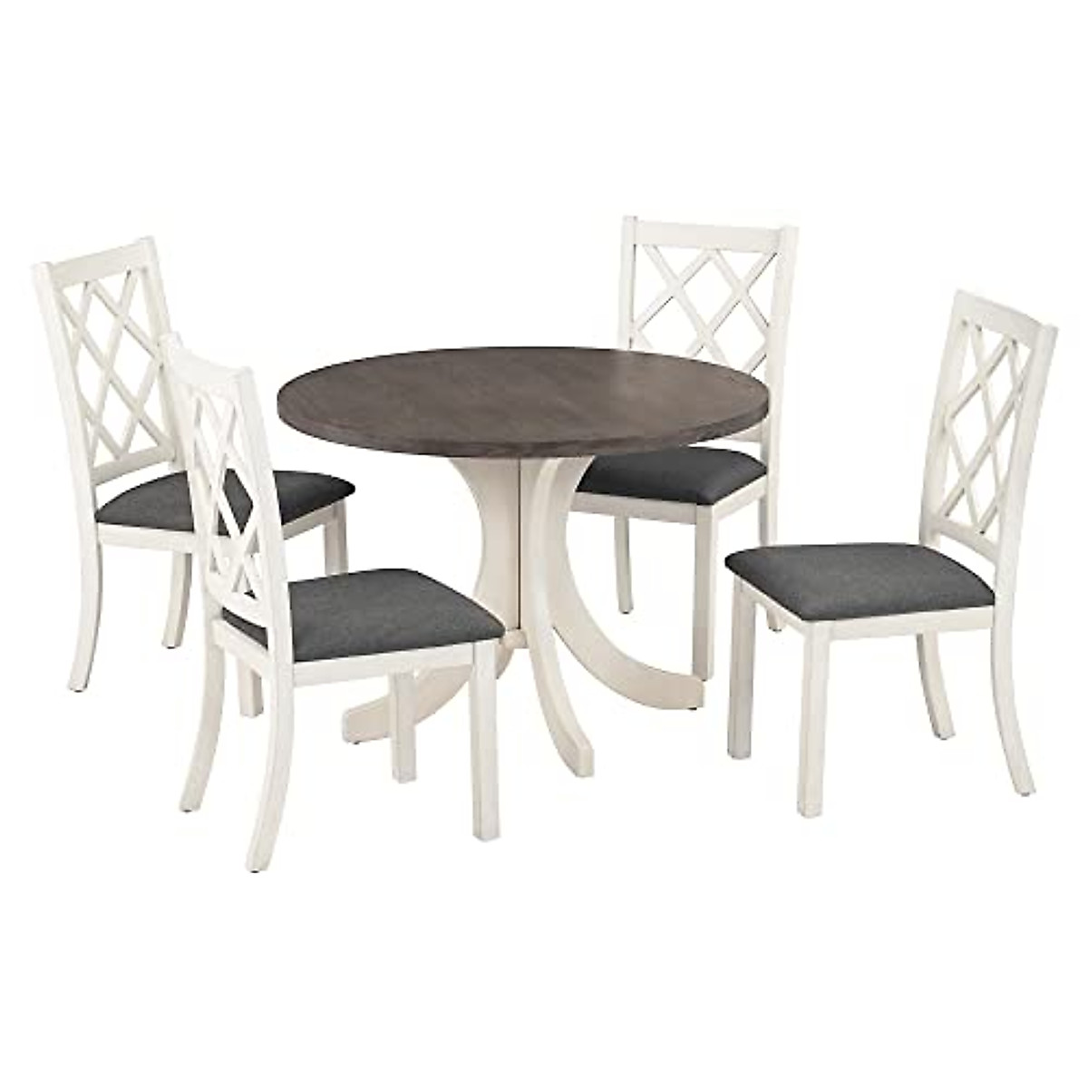Dinehome Kitchen 5-Piece Solid Wood Round Dining Table Set with 4 Upholstered Chairs for Small Places, Brown+Gray