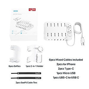 SooPii 70W 6 Port USB Charging Station for Multiple Devices With 2 AC Outlets,4 USB-A Ports and 2 USB C PD Ports,6pcs Mixed Charging Cables Included,Compatible for Tablets,Phones and Other Electronics