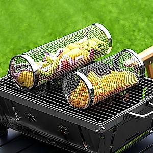OQOPO BBQ Net Tube, Rolling BBQ Grilling Basket, Outdoor Picnics BBQ Grill Stainless Steel Mesh Versatile Cylinder Grill Cooking Accessories for Vegetables,Fries,Meat,Fish BBQ Net Tube (2Pcs)