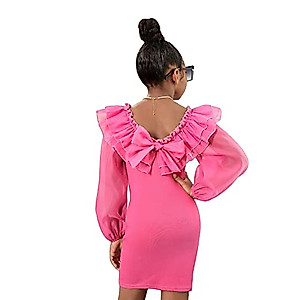 WDIRARA Girl's Mesh Ruffle Trim Layered Tie Back Lantern Sleeve Pencil Mini Dress Hot Pink 10Y