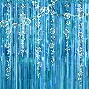 Ocean Blue Under the Sea Party Decoration Tinsel Foil Fringe Curtain Backdrop with Hanging White Bubble Garland for Mermaid Birhthday Party Wedding Engagement Photo Background Bridal Baby Shower Birthday Sweet 16 Party Supplies