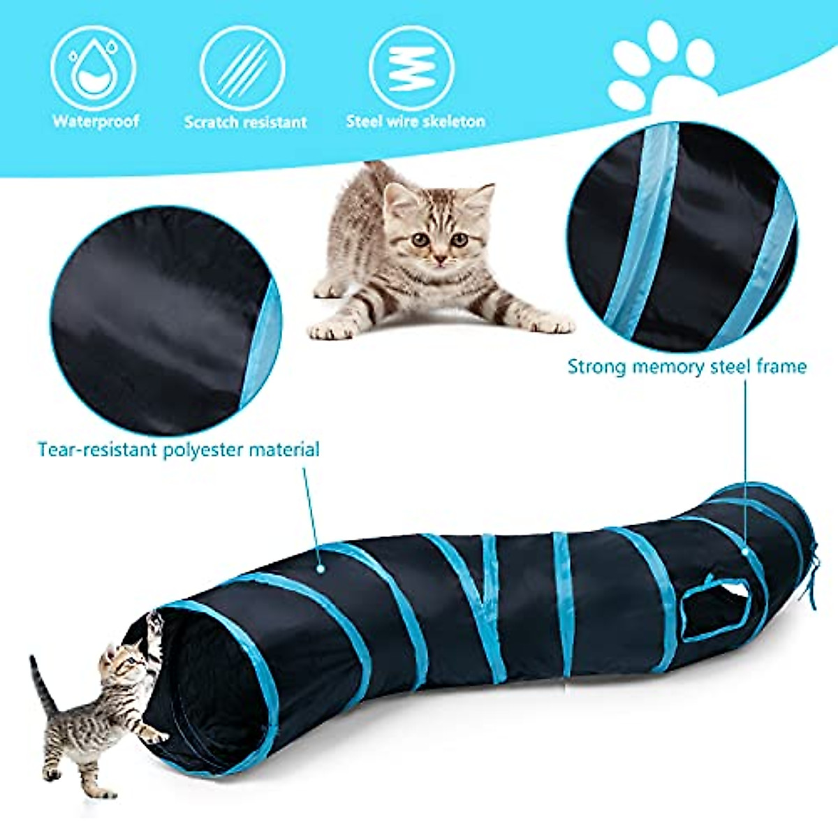 Sheldamy Cat Tunnel, S-2-Way Cat Tunnels for Indoor Cats, Collapsible Cat Play Tunnel, Interactive Toy Maze Cat House with 1 Play Ball for Cats, Puppy, Kitty, Kitten, Rabbit (Blue & Black)