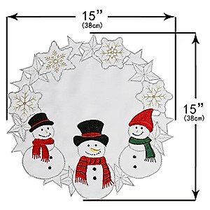 OWENIE Christmas Placemats Set of 4, White Snowman Round Place Mats for Holiday Kitchen Dining Table, Metallic Embroidered Cutwork Snowflakes for Kids, Xmas Party Decorations(4pcs, 15 inches Round)