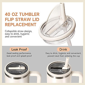 2 Pack 40 oz Tumbler Flip Straw Lid Replacement fit for Stanley Quencher, Spill Proof Splash Resistant Tumbler Lids,Dustproof Tumbler Cover, Reusable Tumbler Cover，With straw(White)