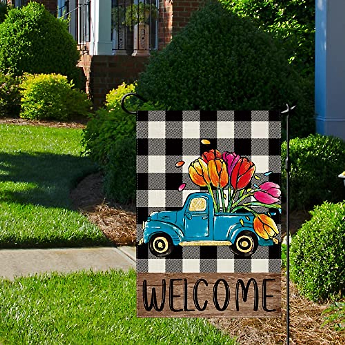 CMEGKE Spring Summer Truck Tulip Welcome Garden Flag, Spring Summer Floral Buffalo Plaid Garden Flag Spring Summer Garden Flag Rustic Vertical Double Sided Burlap Spring Floral Holiday Party Farmhouse Yard Home Outside Decor 12.5 x 18 In