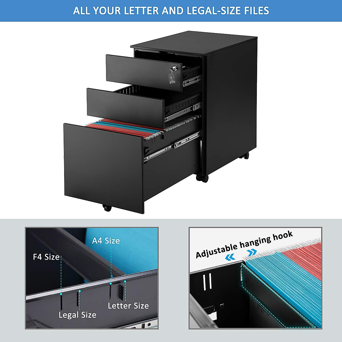 ModernLuxe 3 Drawer Metal Mobile File Cabinet with Lock Metal Filing Cabinet for Legal/Letter/A4/F4 Size Fully Assembled Home Office File Cabinet(Except Casters)