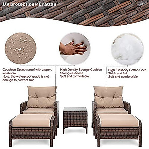 Vongrasig 5 Piece Wicker Patio Conversation Set, PE Wicker Rattan Outdoor Lounge Chairs Set of 2 with Soft Cushions, Ottomans and Glass Table for Porch, Garden, Brown
