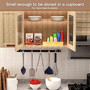 DUJEN Bamboo Food Container Lid Organizer, Kitchen Cabinet Organizer with Adjustable Dividers for Plastic Lids and Covers Storage, Kitchen Pantry Organizer for Multipurpose Lid Holder