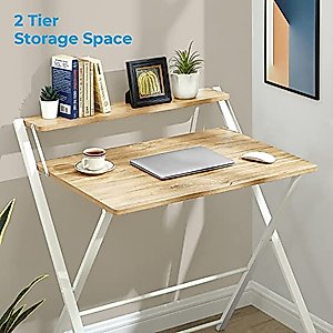 GreenForest Folding Desk No Assembly Required Fully Unfold 32 x 24.5 inch, 2-Tier Small Computer Desk with Shelf Space Saving Laptop Study Foldable Table for Small Spaces, Oak