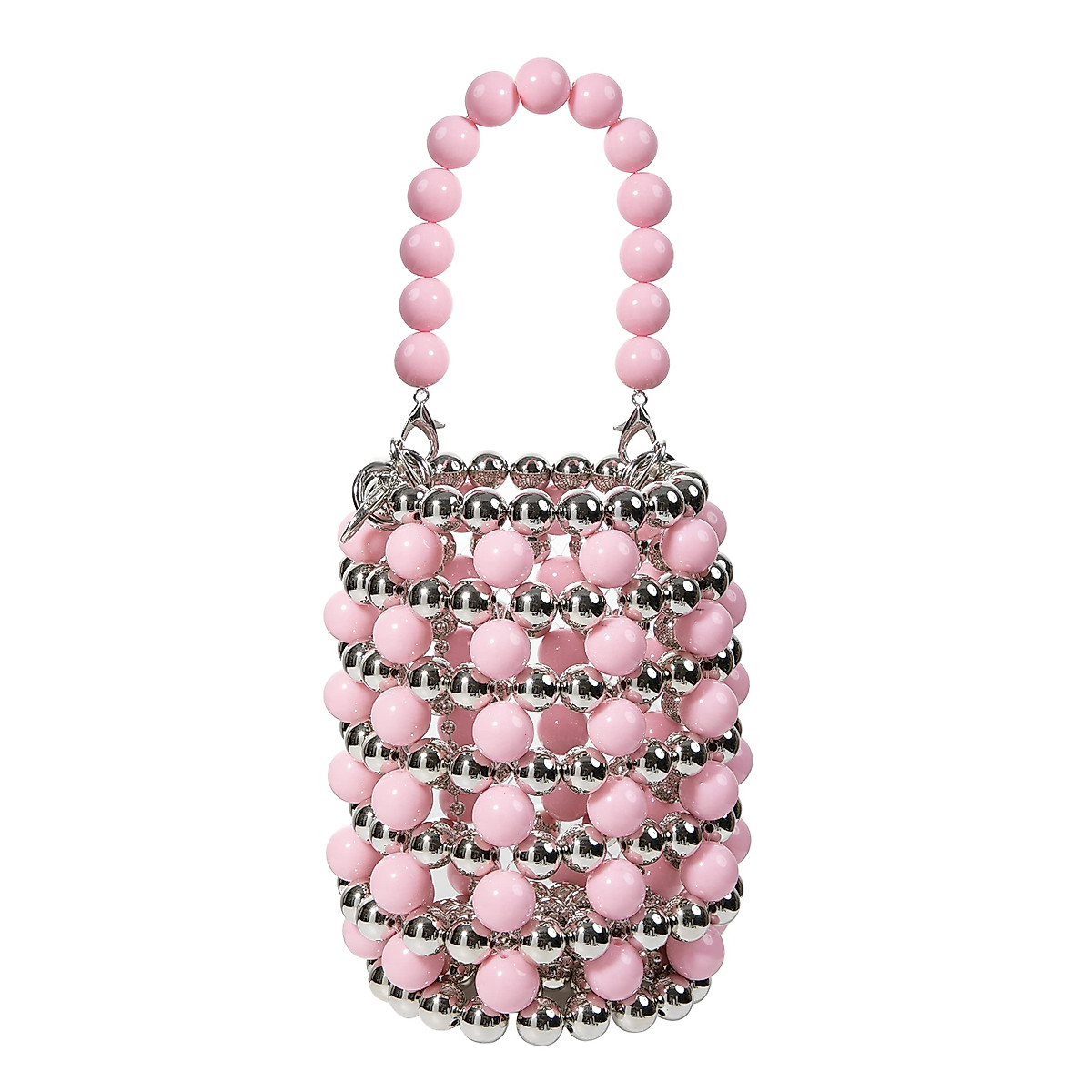 Abvokury YUSHINY Silver Acrylic Beaded Small Colored Bucket Evening Handbag with Detachable Strap Chain (Pink)
