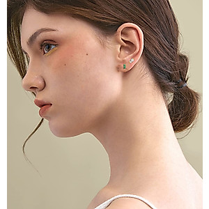 Cubic Zirconia Square 925 Sterling Silver Tiny Stud Earrings Cartilage Piercing Small Ball Screw Helix Back Tragus Hypoallergenic Studs Simulated Emerald Clear Crystal Rectangle Sleeper Earring Cute