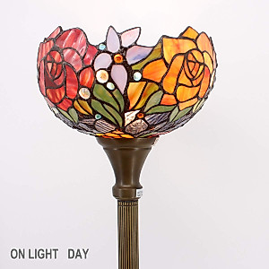 WERFACTORY Tiffany Floor Lamp Red Rose Flower Stained Glass Light 10X10X66 Inches Pole Torchiere Standing Corner Torch Uplight Decor Bedroom Living Room Home Office S001 Series