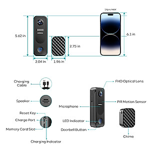 ZUMIMALL 2K FHD Doorbell Camera Wireless, WiFi Video Doorbell Camera with Chime, IP66 Waterproof, Motion Detection, Night Vision, 2-Way Audio, Local & Cloud Storage, 2.4G WiFi, 30s Voice Message