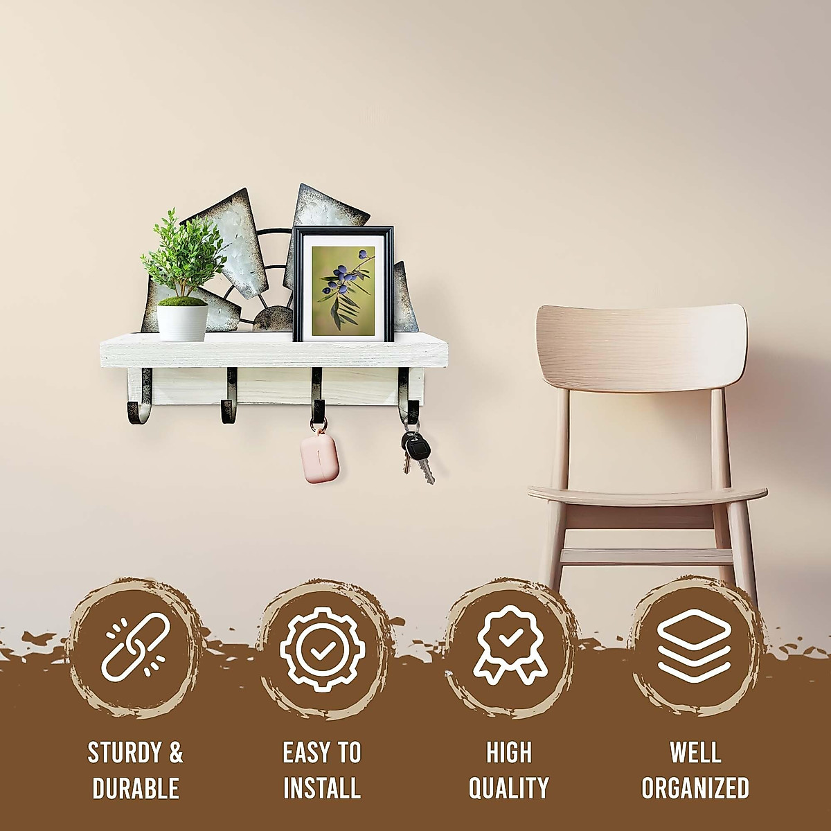 Rooty Heart Windmill Key Holder Wall Mount, Decorative Wall Mounted Key and Mail Holder with Shelf, Wall Decor, Farmhouse Wall Decor, 4 Rustic Key Hooks for Coats & Keys, White Key Holder for Wall