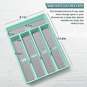 Joequality Silverware Organizer with Icons，Plastic Cutlery silverware Tray for Drawer，Utensil Flatware Tableware Organizer for Kitchen with Non-slip TPR,Fits Standard Drawer,5-Compartment,Light Blue