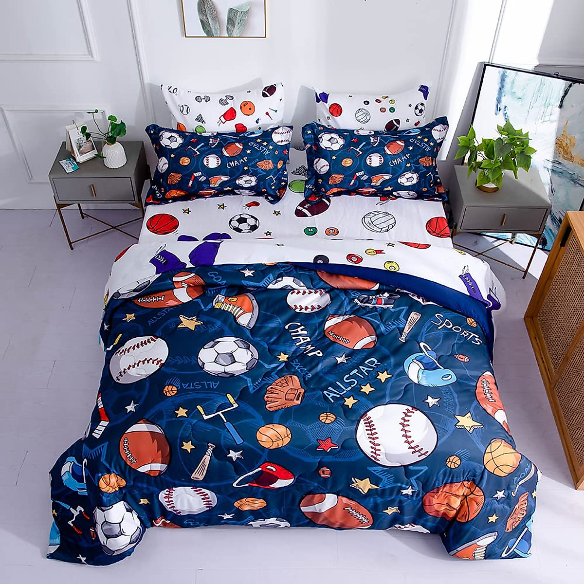 Wajade Sports Comforter Set Bed in A Bag Full Size 7 Piece 3D Soccer Basketball Baseball Football Bedding Set for Kids Boys (1 Comforter, 1 Flat Sheet, 1 Fitted Sheet, 2 Pillowcase and 2 Pillow Sham)