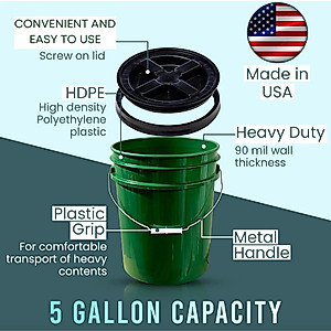 House Naturals 5 Gallon Food Grade BPA Free Container Dark Green Bucket with Screw On Black Lid