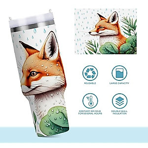 RPLIFE Cute Fox Green Leaves Tumbler, Stainless Water Bottle, Drinking Cups with Lids and Straws