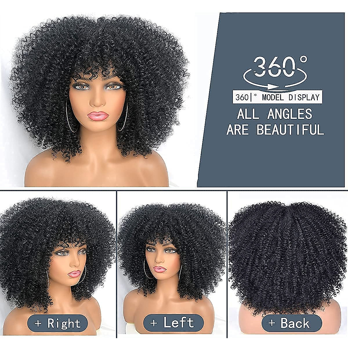 RunM Short Curly Afro Wig With Bangs for Black Women Kinky Curly Hair Wig Afro Synthetic Full Wigs（Black）