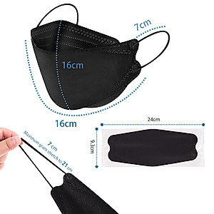 SOOQOO KF94 Face Mask, 50 Pcs, Elastic Ear Loop and Nose Clip, 3D Fish Type Mouth Shield, 4 Layer Protection, Individually Wrapped Disposable Mask for Adult, Black