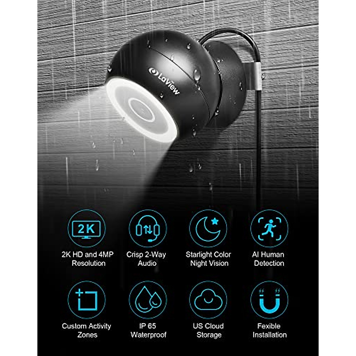 LaView 4MP 2K Security Cameras Outdoor Indoor Wired,IP65, Starlight Sensor & 100 Ft Night Vision,Motion/Person Detection,2-Way Audio/Spotlight,US Cloud,Compatible With Alexa,iOS & Android & Web Access