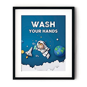 FALJIOK Funny Bathroom Outer Space Planet Wall Art Prints Decor, Bathroom Sign Brush Wash Brush, Bathroom Gift for Kids Son Brother Grandson Set of 4 (8”X10”) Unframed
