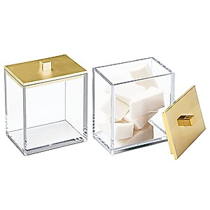 mDesign Plastic Rectangle Apothecary Canister - Organizer for Bathroom Vanity Countertop Shelf Decor - Holds Cotton Swabs, Soap, Makeup, Bath Salts - Lumiere Collection - 2 Pack - Clear/Gold